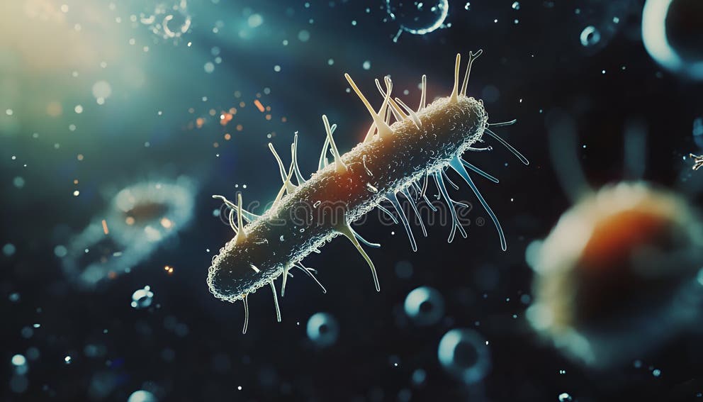 Bacterium Floating in Space with Other Microorganisms. Microscopic View ...
