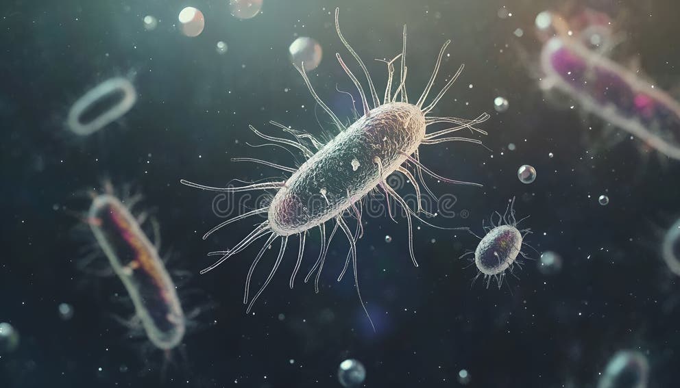 Bacterium Floating in Space with Other Microorganisms. Microscopic View ...
