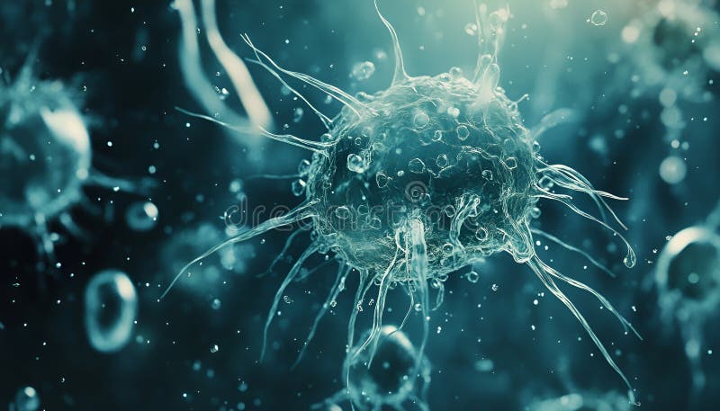 Bacterium Floating in Space with Other Microorganisms. Microscopic View ...