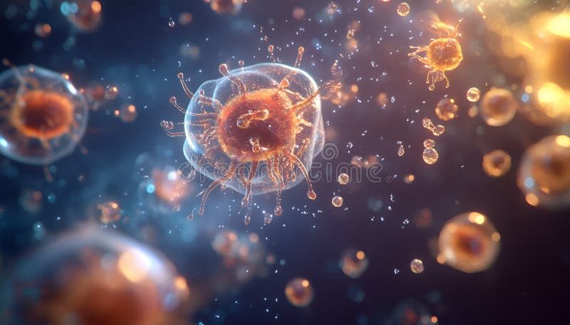 Bacterium Floating in Space with Other Microorganisms. Microscopic View ...