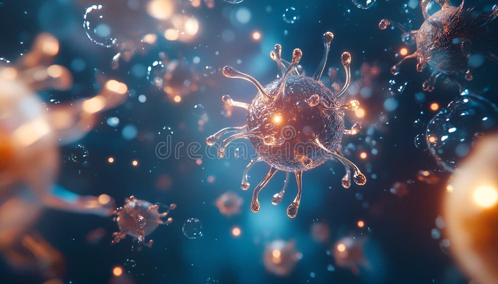 Bacterium Floating in Space with Other Microorganisms. Microscopic View ...