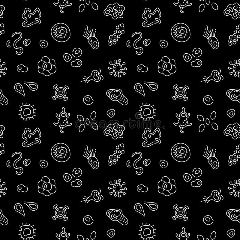 Bacterium and Viruses Vector Bioengineering Concept Line Dark Seamless ...
