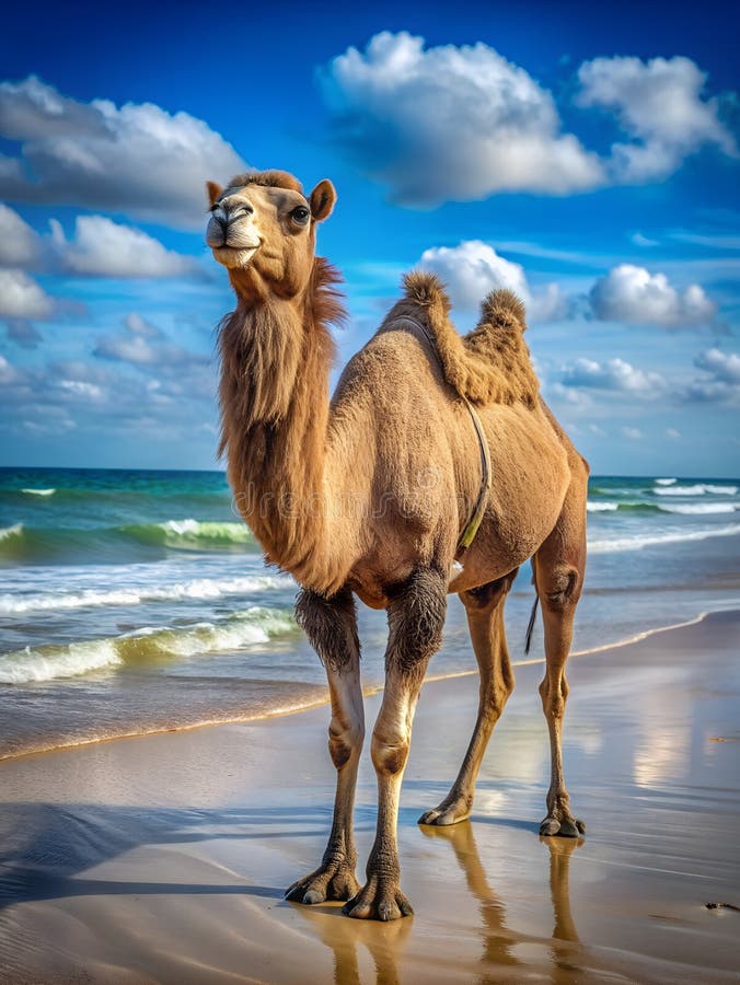 Bactrian Camel Stands Beach Stock Illustration - Illustration of summer ...