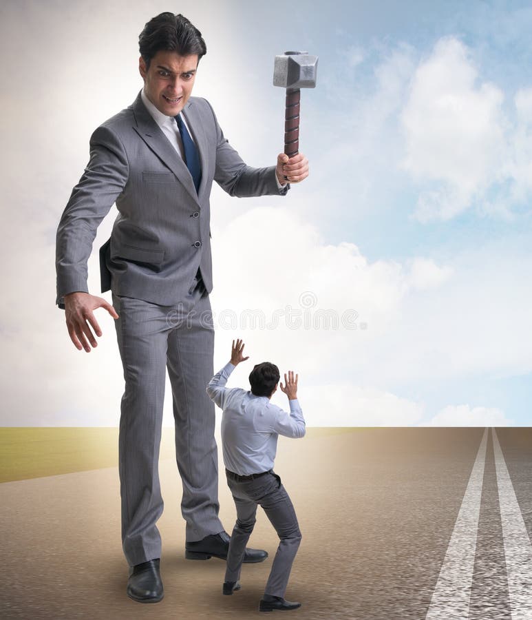 Bad Angry Boss Threatening Employee with Hammer Stock Photo - Image of ...