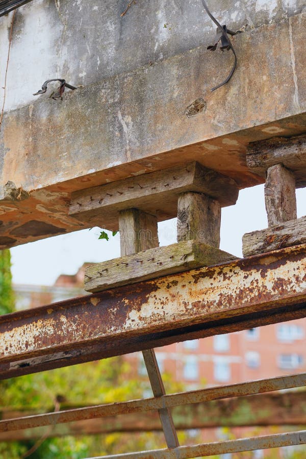Bad Cracked Wooden Support of Metal Beams of the Bridge Engineering ...