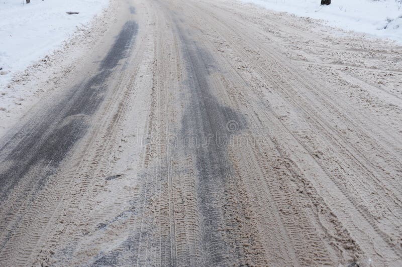 Bad Winter Road. Winter Driving - Caution Risk of Snow and Ice Stock ...