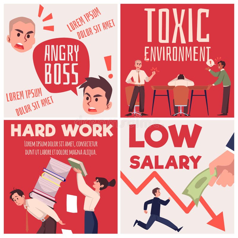 Bad Working Environment Banners or Cards Collection, Flat Vector ...