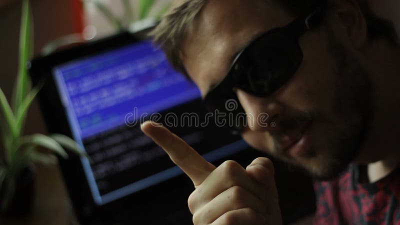 Hacker Stereotype Pointing at the Camera Stock Video - Video of monitor ...