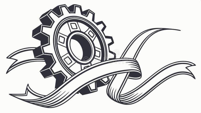 Gear with Ribbon Badge, Mechanical Process and Industry Symbol Vector ...