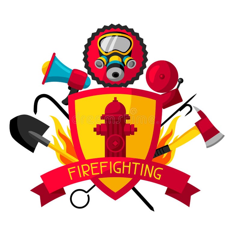 Badge with Firefighting Items. Fire Protection Equipment Stock Vector ...
