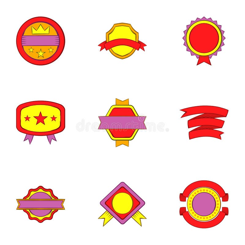 Badge Icons Set, Cartoon Style Stock Illustration - Illustration of ...
