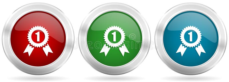 Badge, Winner, First, Award Vector Icon Set. Red, Blue and Green Silver ...