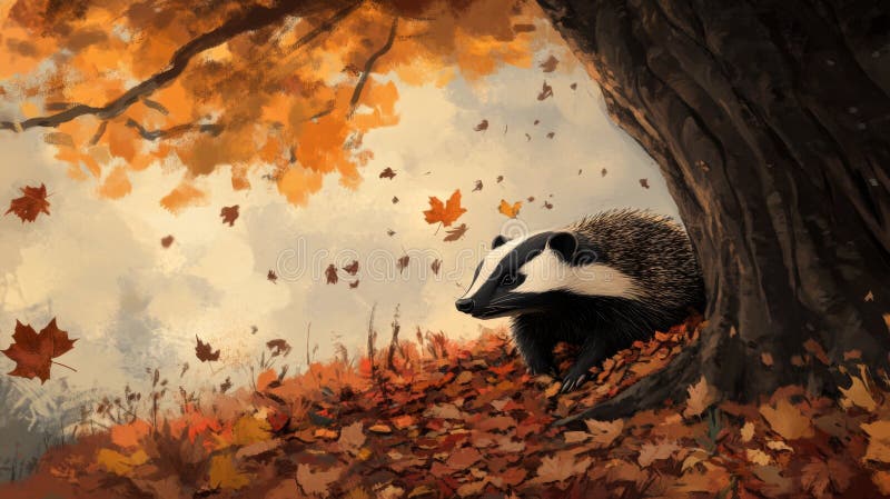 Badger in Autumn Leaves Underneath a Tree Stock Illustration ...