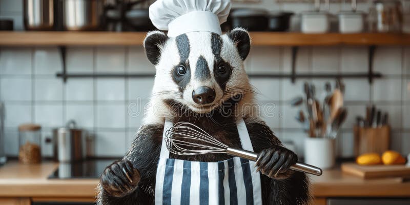 Badger Chef in Kitchen Holding Whisk and Wearing Chef Hat and Apron for ...