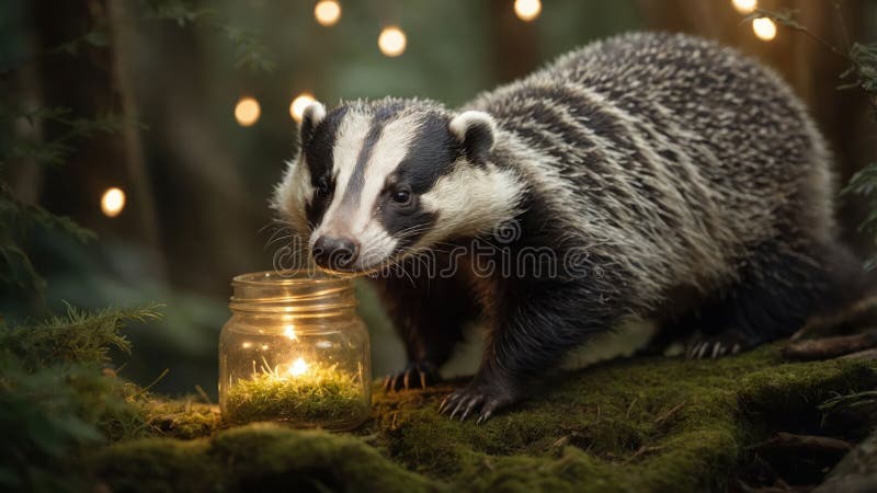 Adorable Badger Exploring Magical Forest at Night Stock Illustration ...
