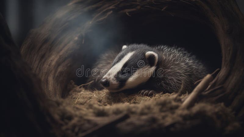 A Badger is Curled Up in a Tree Stump in the Dark Stock Illustration ...