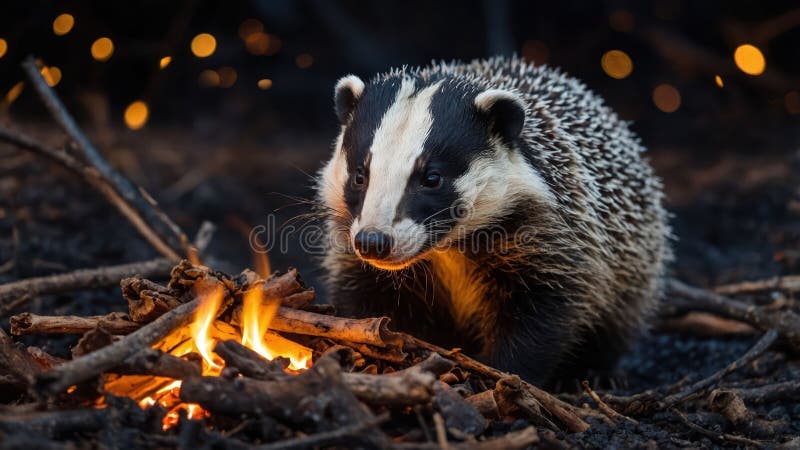 European Badger Near Campfire at Night Stock Illustration ...
