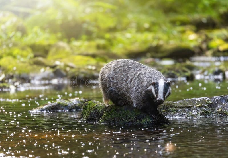 Badger is Standing on a Stone in the Middle of a Stream Stock Photo ...