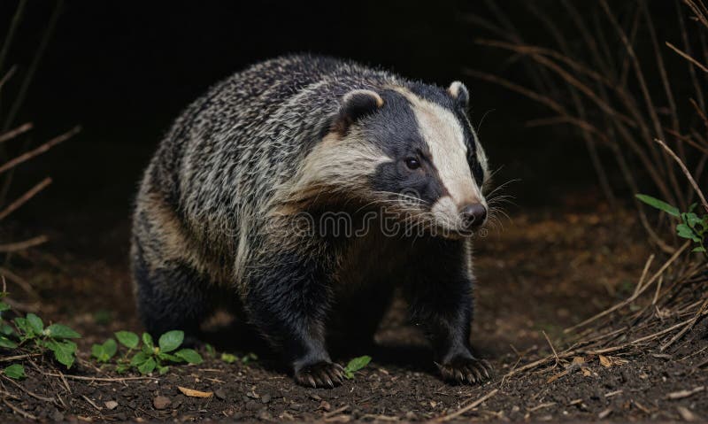 A Badger Walks through a Forest at Night Stock Photo - Image of ...