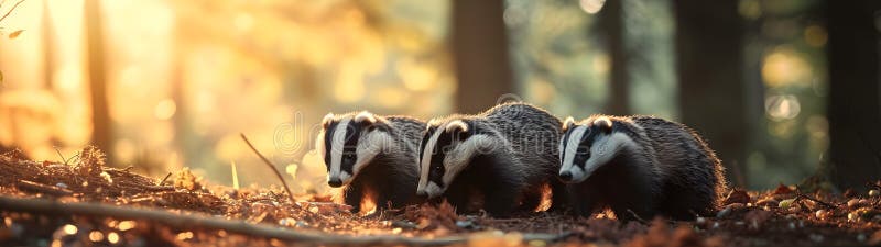 Badgers Standing in the Forest in the Evening with Setting Sun Shining ...