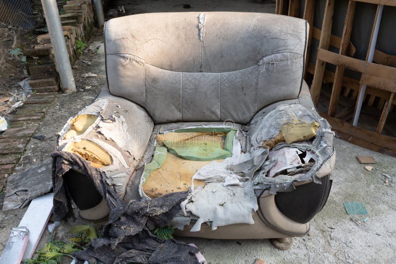 Badly Damaged Sofa in the Outdoor at Horizontal Composition Stock Image ...
