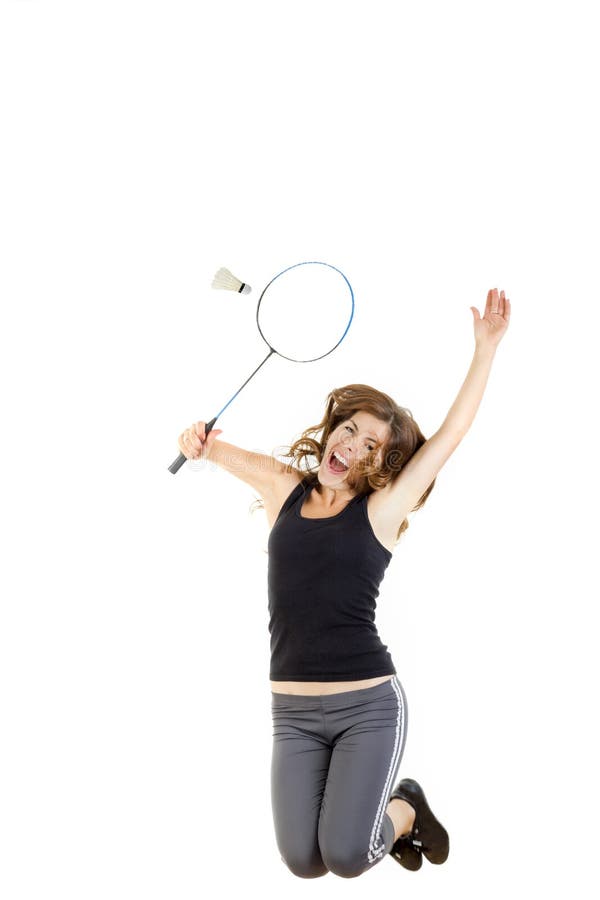 Badminton Player in Action Holding Racket To Catch Shuttlecock Stock ...