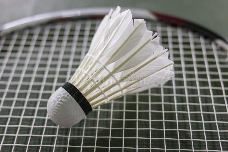 Close-up Of Badminton Racket With Shuttle Badminton On The Court Stock ...