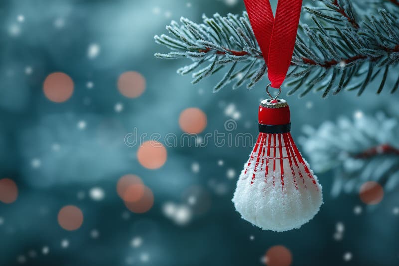 A Badminton Shuttlecock Hanging on a Red Ribbon in Christmas Tree ...