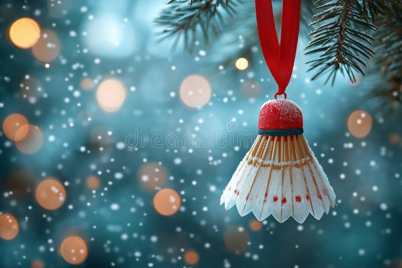 A Badminton Shuttlecock Hanging on a Red Ribbon in Christmas Tree ...