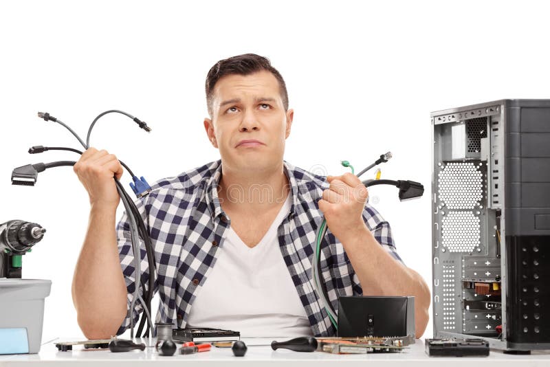 Young Worker Connecting Cables and Wires To Computer in Office Stock ...