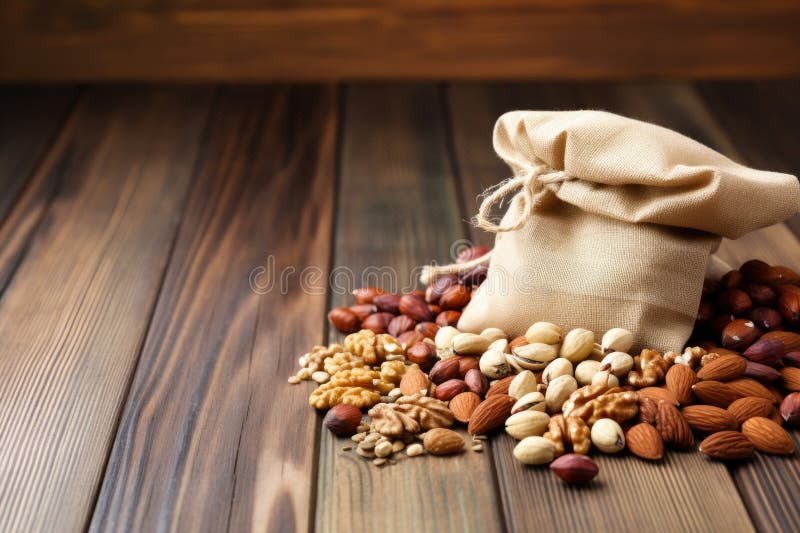 Bag of Assorted Nuts on Wooden Table Stock Image - Image of nuts, still ...