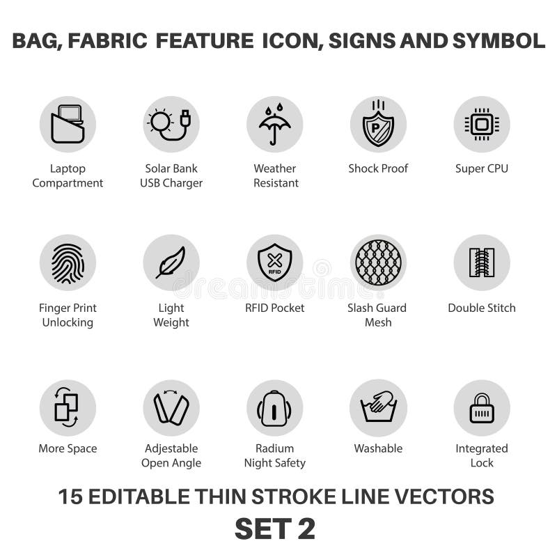 Bag and Backpack Fabric Feature Icon, Laptop Bag Performance Icon and ...