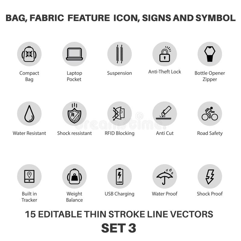 Bag and Backpack Fabric Feature Icon, Laptop Bag Performance Icon and ...