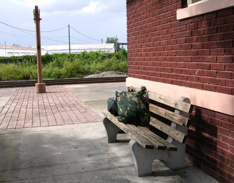 Bag on bench stock photo. Image of station, bags, travel - 12614148