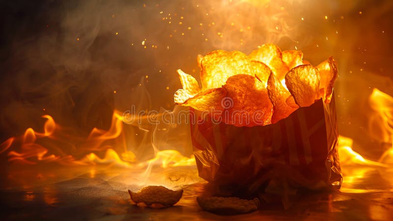 A bag of chips on fire stock photo. Image of chips, flame - 315346446