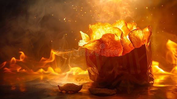 A bag of chips on fire stock photo. Image of chips, flame - 315346446