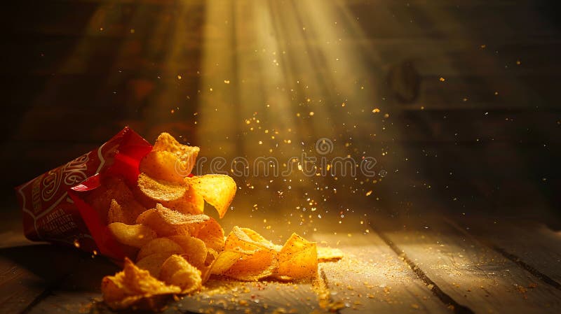 A Bag of Chips on a Wooden Table with Light Shining through Stock Image ...