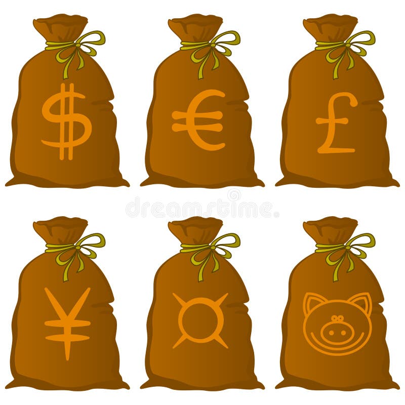 Money Bag Icon Set with Currency Symbol Stock Vector - Illustration of ...