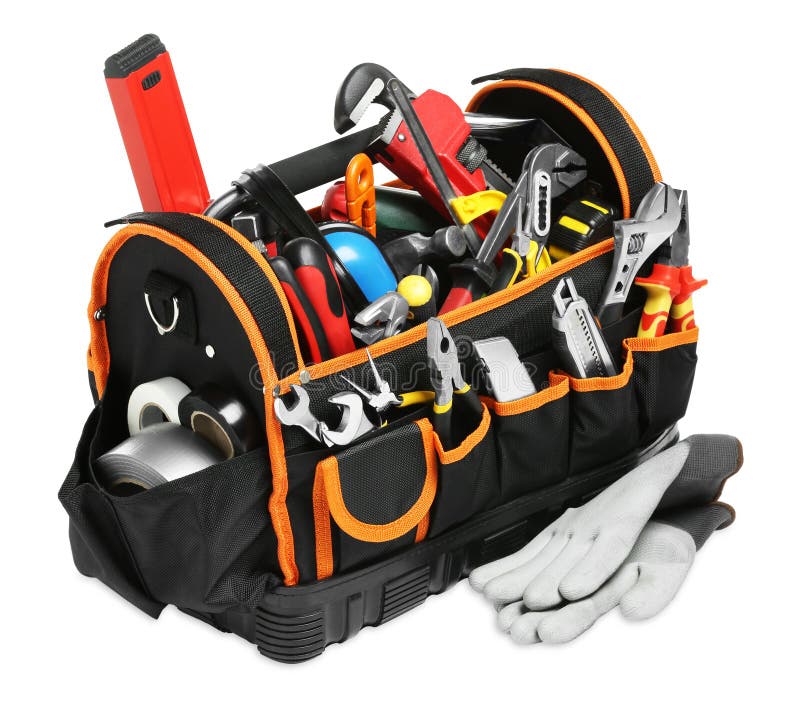 Bag with Different Tools Isolated on White Stock Photo - Image of ...