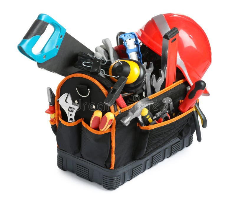 Bag with Different Tools Isolated on White Stock Photo - Image of ...