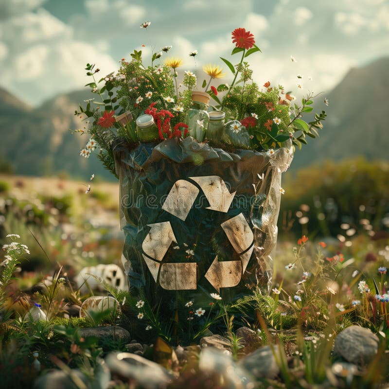 A Bag with Garbage and Flowers with a Recycling Sign on it. Ecology ...
