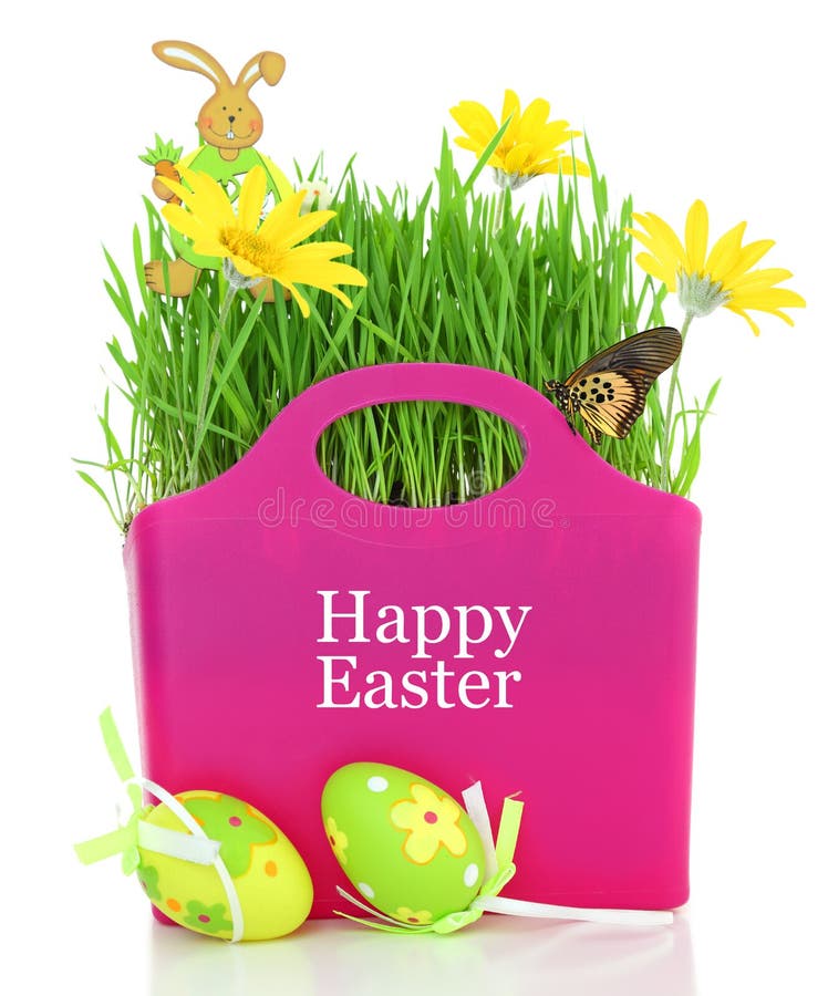 Bag With Grass, Flowers And Easter Eggs Stock Photo - Image of card ...