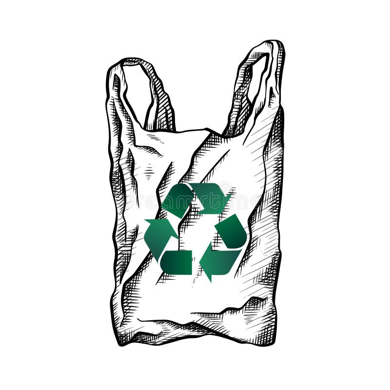 Bag with Hatching, Recycling Sign and Green Watercolor Splashes. Eco ...