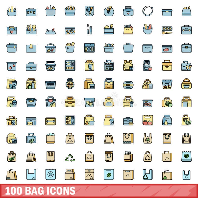 100 Bag Icons Set, Color Line Style Stock Vector - Illustration of ...