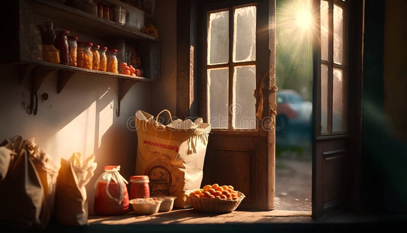 Bag of Jam in Front of the Window at Sunset, Vintage Style Stock ...
