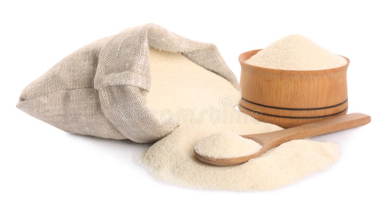 Bag, Jar and Spoon with Semolina on White Background Stock Image ...