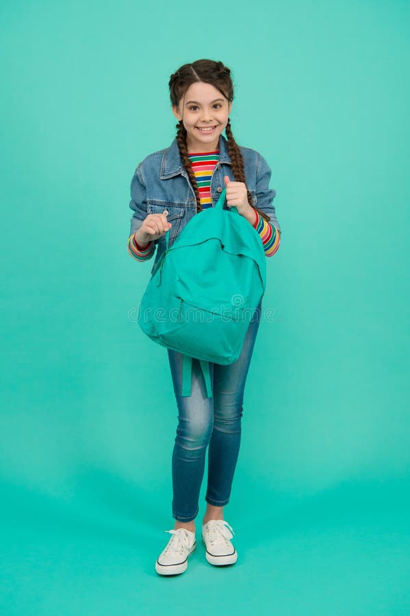 Bag of Knowledge. Happy Kid Hold Heavy Backpack Blue Background ...