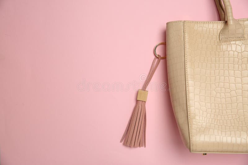 Bag with Leather Keychain on Pink Background, Top View. Space for Text ...
