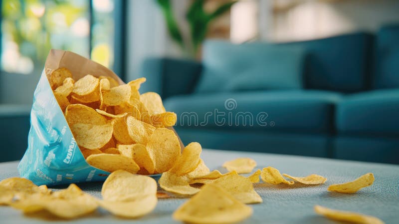 Bag of Potato Chips Spilled on Modern Living Room Coffee Table Stock ...