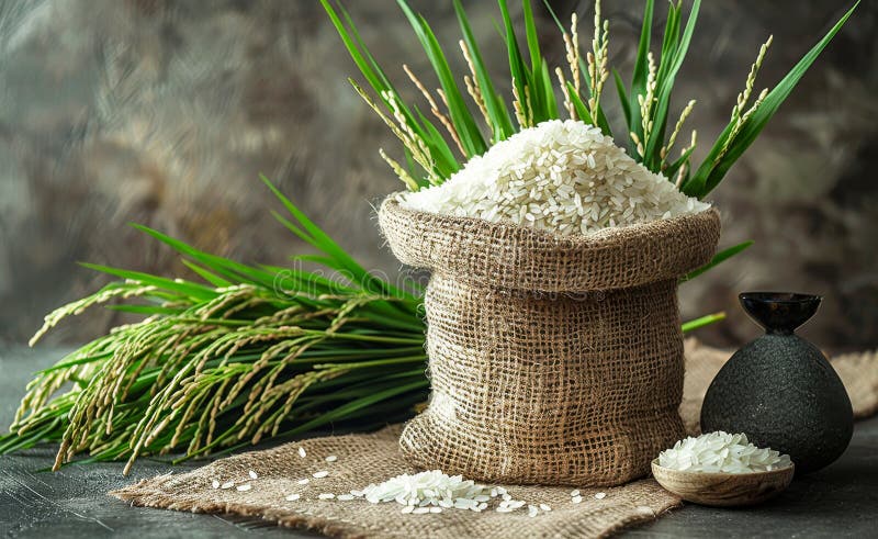 A Bag of Rice is Sitting on a Table Next To a Bunch of Green Rice Stock ...